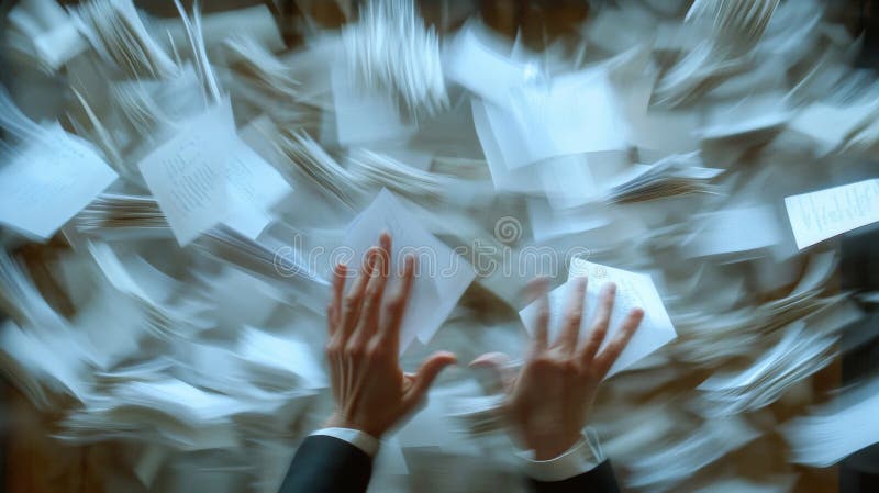 Hands Amidst a Flurry of Flying Papers Stock Illustration ...