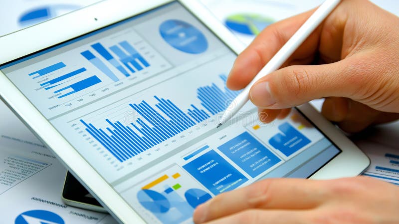 Hands Analyzing Data on Tablet with Stylus in Business Environment ...