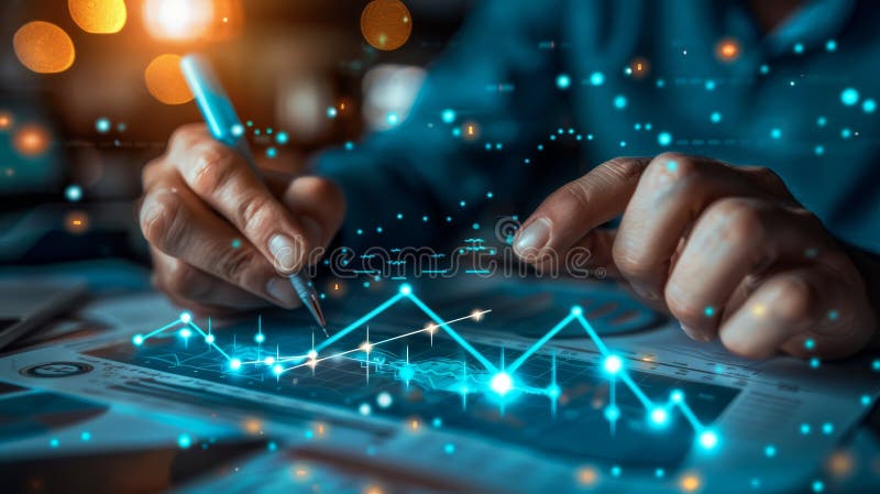 Hands Analyzing Futuristic Data on a Digital Graph with Pen. Concept of ...