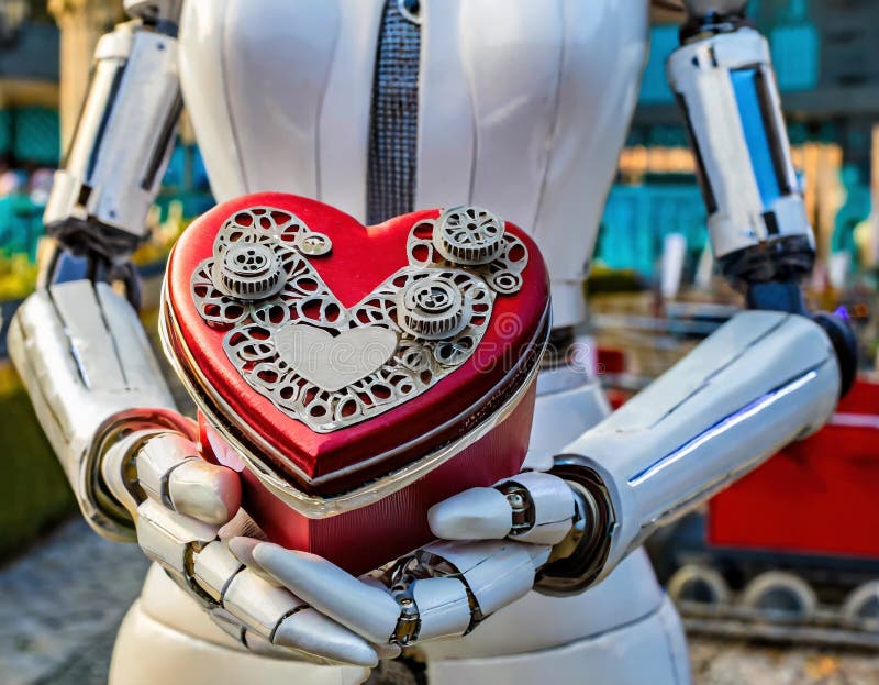Hands of an Android Make a Gift of a Mechanical Heart. Stock ...