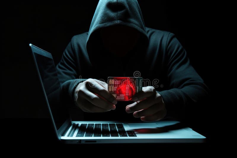 Hands of Anonymous Hacker Holding Credit Card and Using Laptop Computer ...