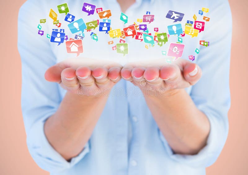 Hands with Application Icons on a Cloud and with Icons Panel Behind ...