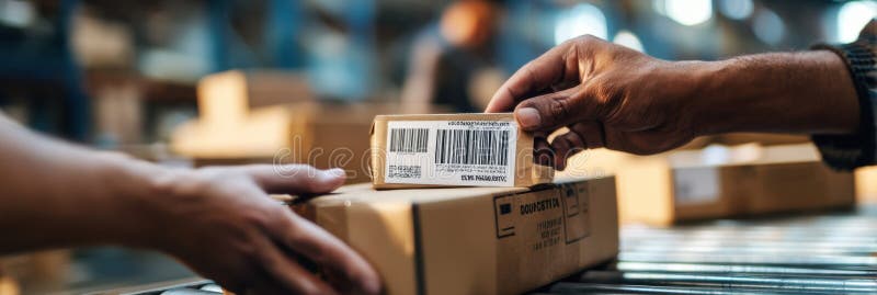 Hands Applying Barcode Label on Parcel in Busy Warehouse during ...