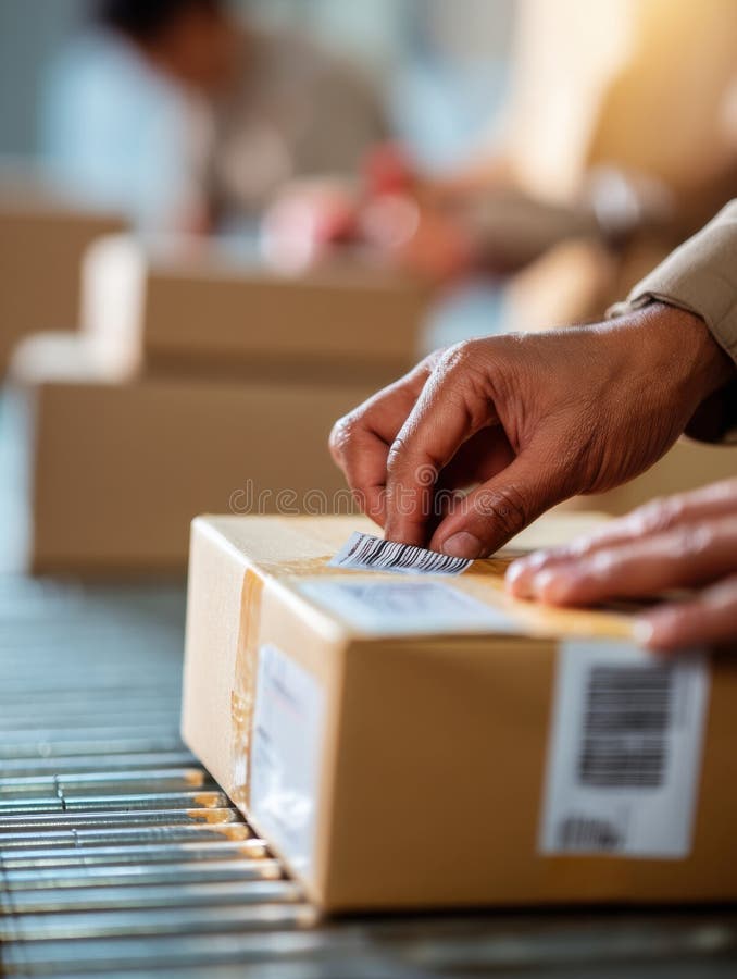 Hands Applying Barcode Label on Parcel in Busy Warehouse during Package ...