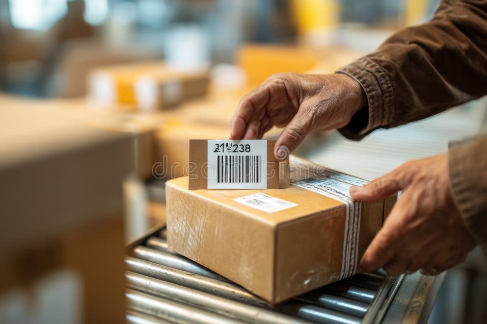 Hands Applying Barcode Label To Parcel in Busy Warehouse during Sorting ...