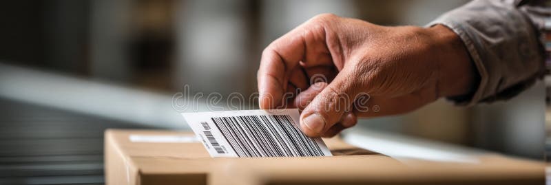 Hands Applying Barcode Label To Parcel in Warehouse for Efficient ...