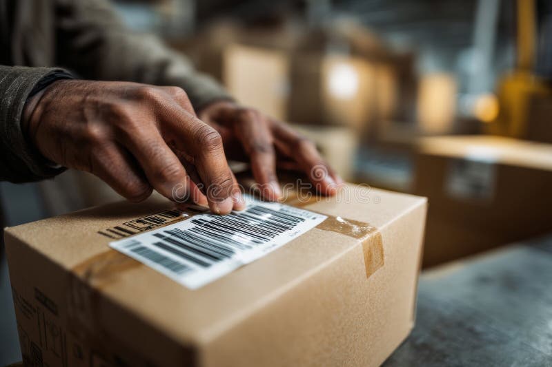 Hands Applying Barcode Label To Parcel in Warehouse Environment during ...