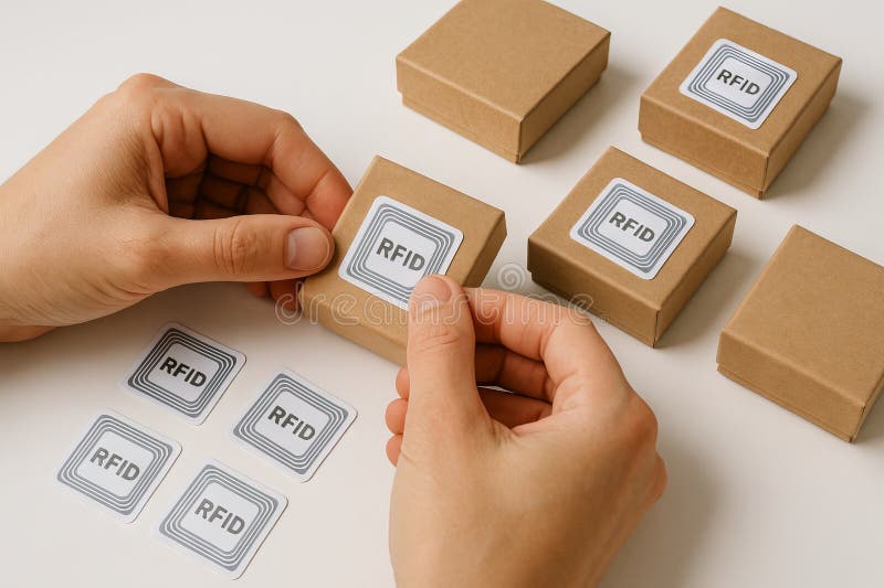 Hands Applying Rfid Tag on Brown Box Illustrating Modern Packaging and ...