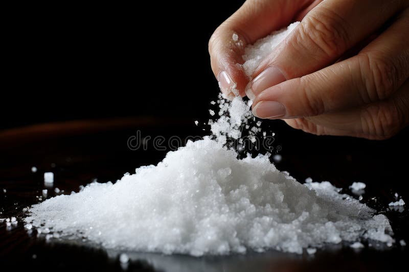 Hands Applying Salt on a Dark Surface, Creating a Striking Contrast and ...