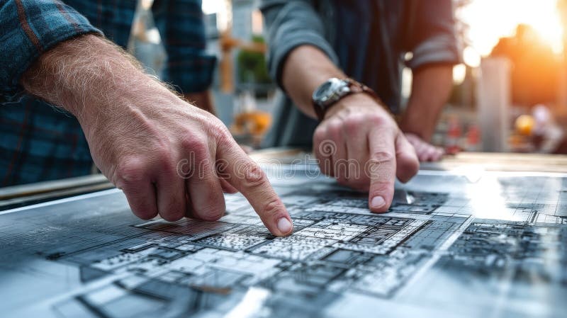 Hands of an Architect and a Building Contractor Pointing at the ...