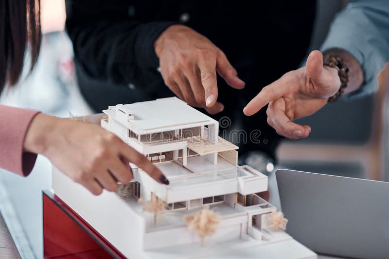 Hands, Architect Group and Model of Building with Pointing for Ideas ...