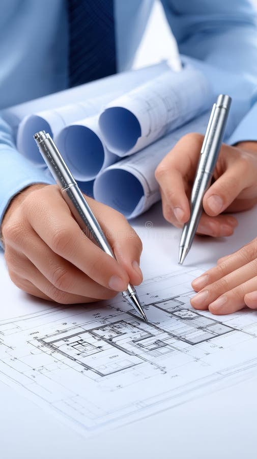 Hands of Architect Reviewing Blueprints with Pens and Technical ...