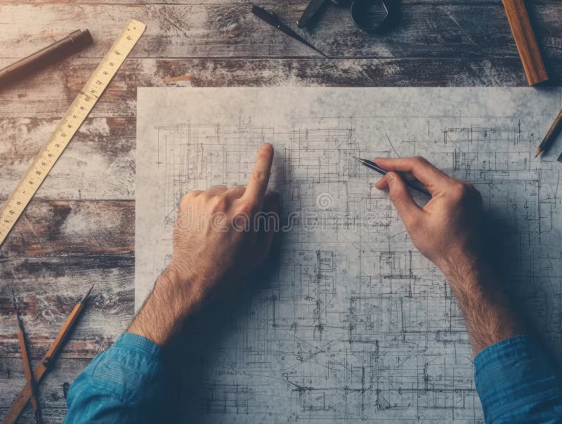 Hands of Architect Working on Blueprint Design Stock Illustration ...