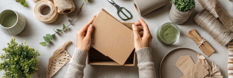 Hands Pack Eco-Friendly Box with Biodegradable Materials on a Neutral ...