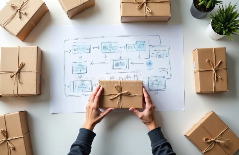 Hands Arrange Packages Next To Supply Chain Flowchart, Symbolizing ...