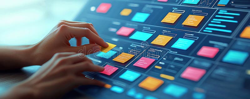 Hands Arranging Colorful Sticky Notes on a Vibrant Digital Interface ...