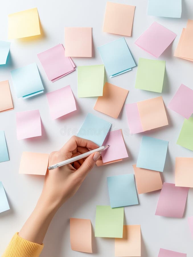 Hands Arranging Colorful Sticky Notes Planning Brainstorming Session ...