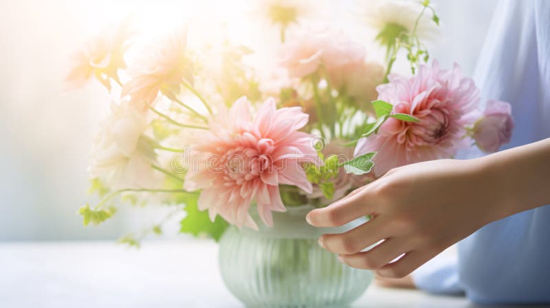 Hands Arranging Flowers in a Vase by Bright Sunlight Stock Illustration - Illustration of white ...