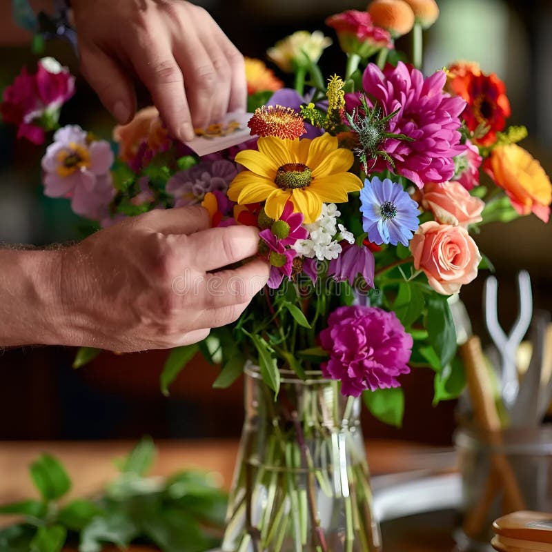 Ai Generated. Hands Arranging Flowers in a Vase, Colorful Bouquet Stock ...