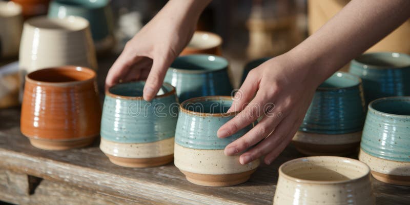 Hands Arranging Handcrafted Ceramic Pots in a Pottery Studio Stock ...