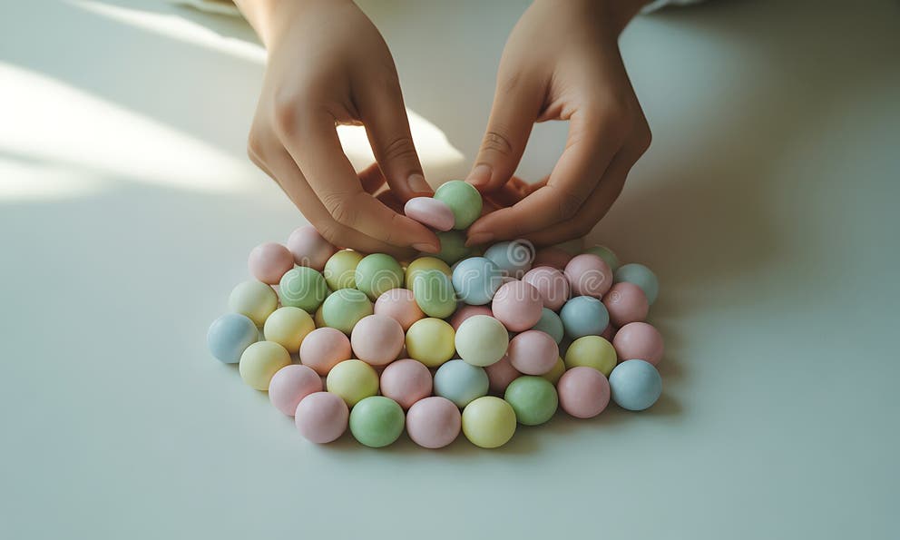 Hands Arranging Pastel Candies on a White Surface in a Studio Shot ...