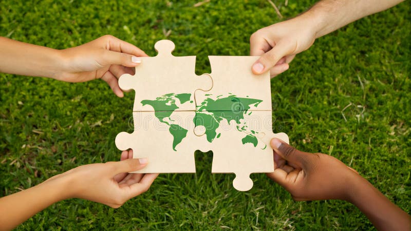 Hands Holding Puzzle Pieces Forming a World Map on Green Grass ...