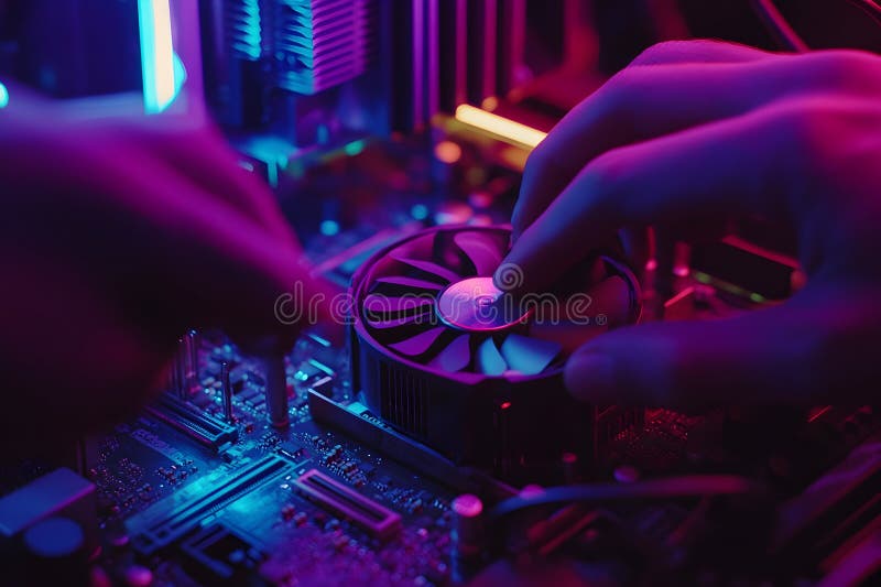 Hands Assembling Computer Hardware with Rgb Lighting Effects Stock ...