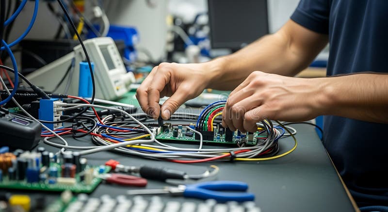 Assembling Circuit Board with Cables and Components at Workbench Stock ...