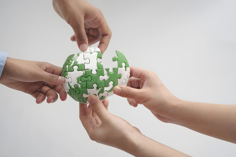 Green Globe Puzzle Teamwork Hands Collaboration Global Unity Partnership Success Solution Eco ...
