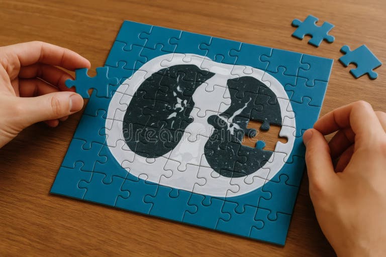 Hands Assembling a Jigsaw Puzzle of a Lung Scan on a Wooden Table with ...