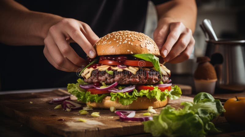 Hands Assembling Layered BBQ Burger Stock Illustration - Illustration ...