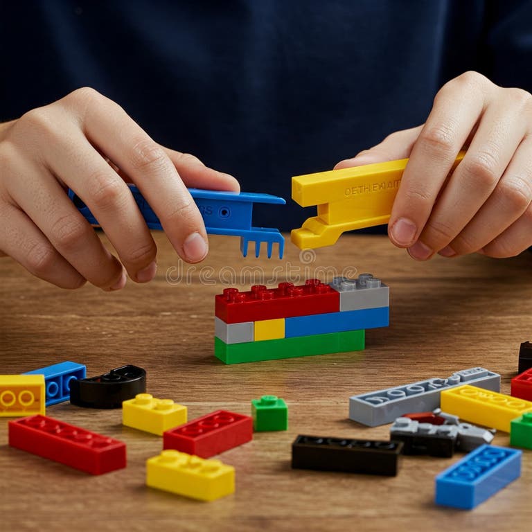 Hands Assembling a LEGO Set Using the Included Plastic Separator Tool ...