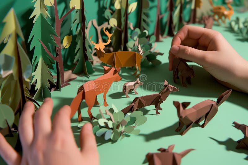 Hands Assembling a Paper Forest Scene with Wildlife Figures Stock Image ...
