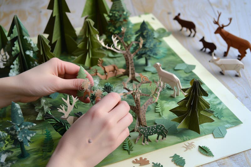 Hands Assembling a Paper Forest Scene with Wildlife Figures Stock Image ...