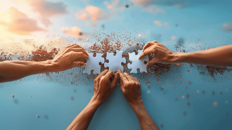 Hands Assembling Puzzle Pieces Against a Blue Sky - Collaboration and ...