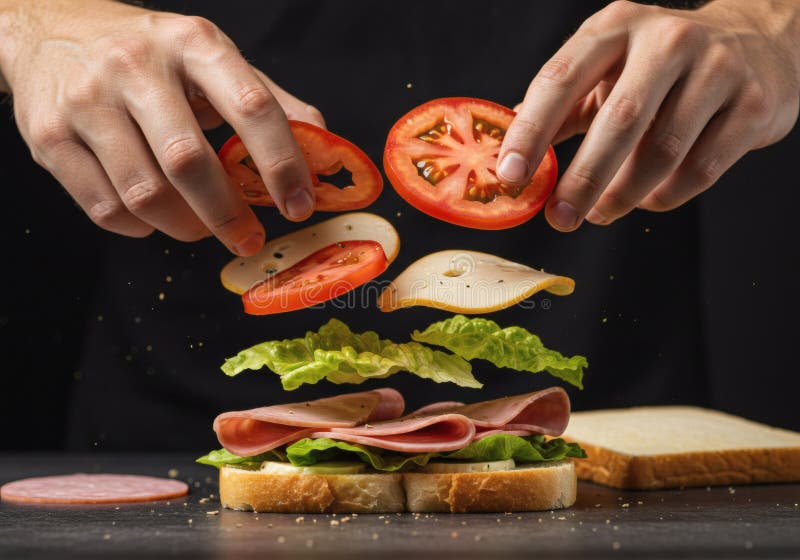Hands Assembling a Sandwich with Flying Ingredients on a Dark Surface ...
