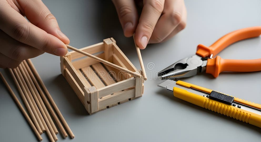 Hands Assembling a Small Wooden Crate with Sticks and Tools Stock ...