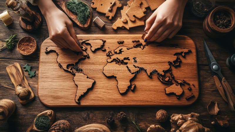 Hands Assembling a Wooden World Map Puzzle on a Rustic Table among ...