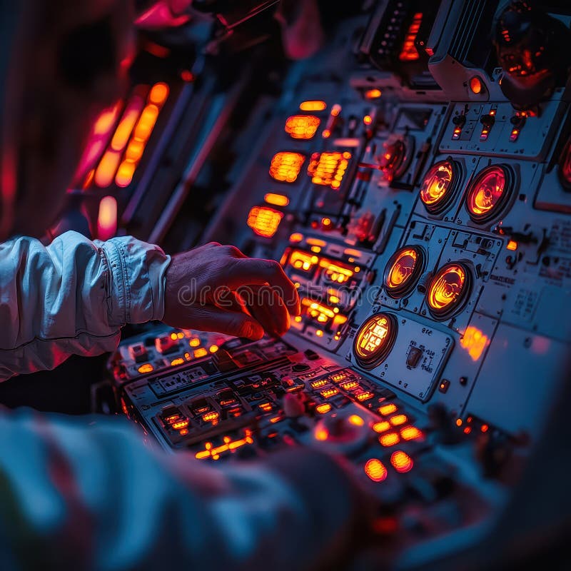 Hands of Astronaut Operating Control Panel in Space Capsule Stock ...