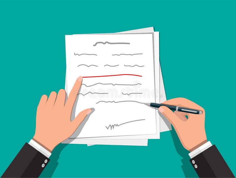 Hands of Author with Pen Working on Document Stock Vector ...