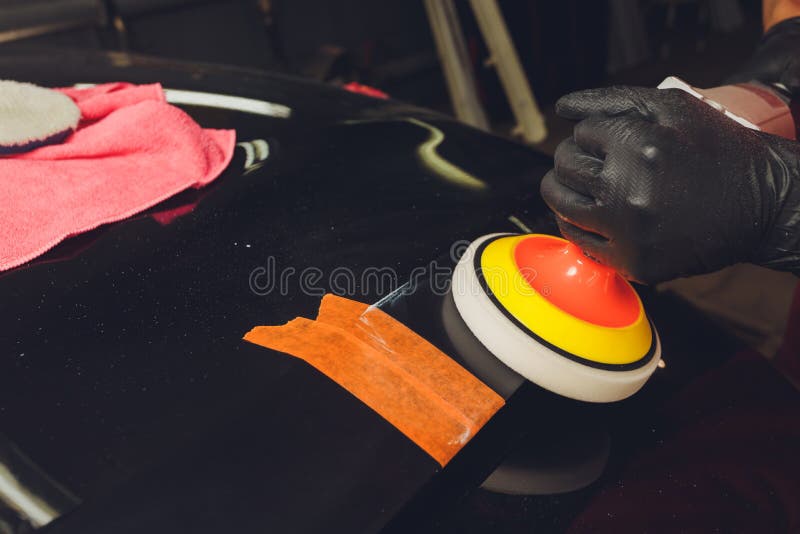 Hands with Auto Polisher. Car Repair Service. Stock Image - Image of ...