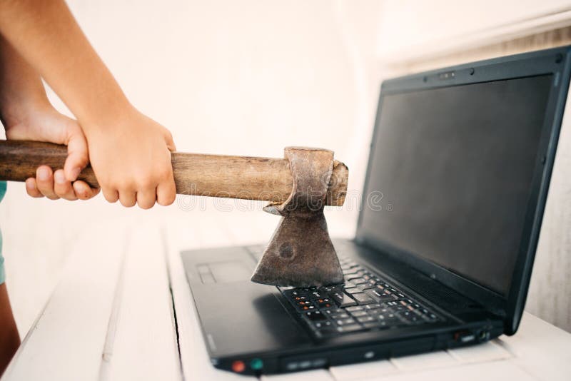 Hands with an Ax and a Laptop Stock Image - Image of closeup, hatchet ...