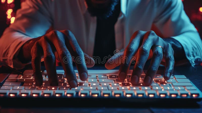 Hands on a Backlit Keyboard with Colorful Ambient Lighting Effects ...