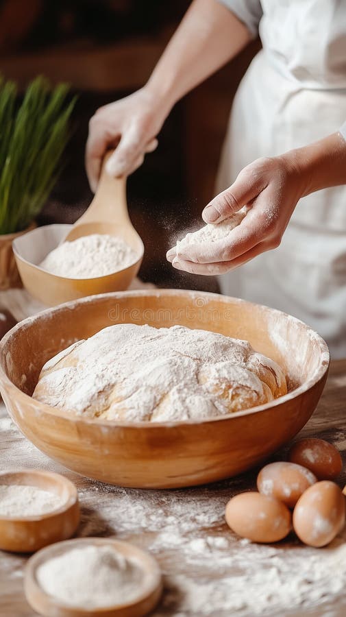 Hands of a Baker Dusting Flour Onto Dough while Surrounded by Eggs and ...