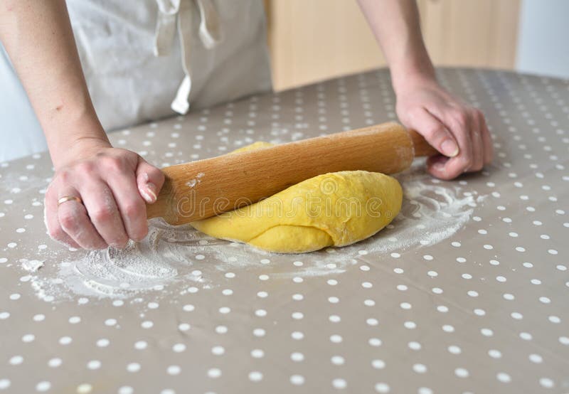 Hands Baking Dough with Rolling Pin on the Table Stock Image - Image of ...