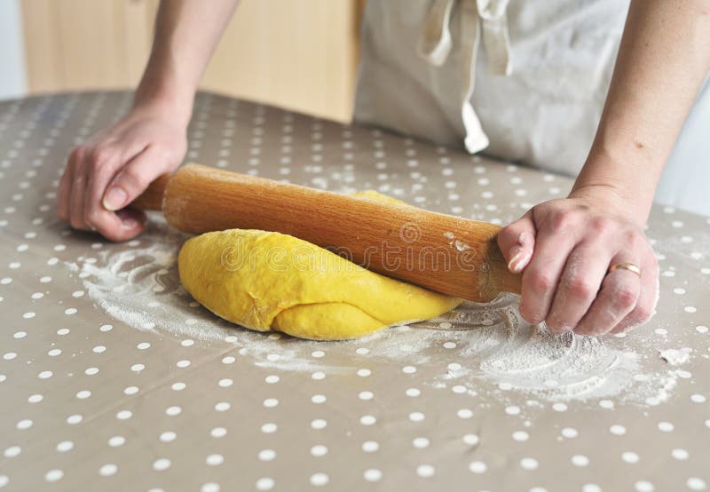 Hands Baking Dough with Rolling Pin on the Table Stock Image - Image of ...