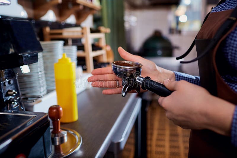 Hands Baristas Make at the Cappuccino Machine in the Bar Stock Image ...