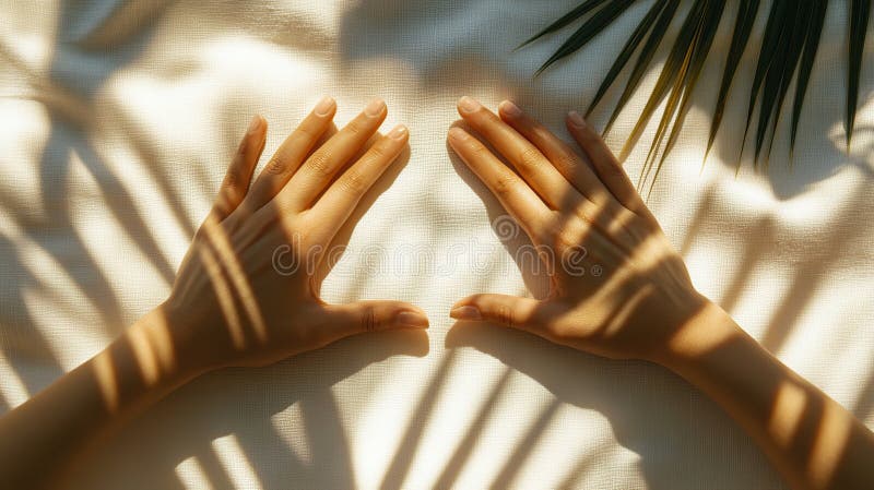 Hands on Beige Fabric with Palm Leaf Shadow Stock Photo - Image of ...