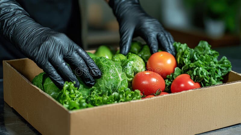 Hands in Black Gloves Arrange Fresh Produce in a Cardboard Box Stock ...