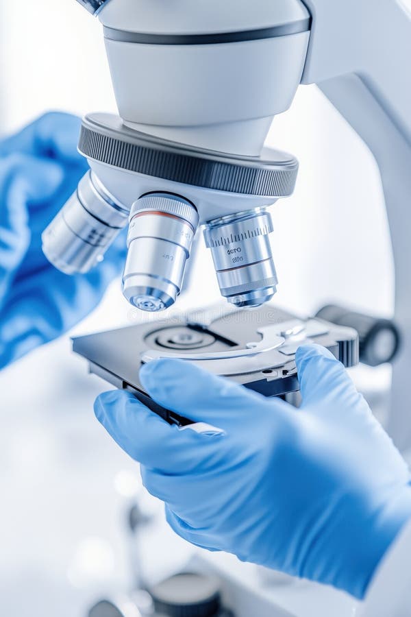 Hands in Blue Gloves are Carefully Holding a Slide Under a Microscope ...